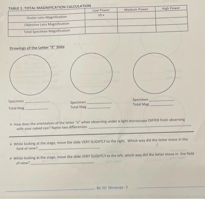 TABLE 1. TOTAL MAGNIFICATION CALCULATION Ocular Lens | Chegg.com
