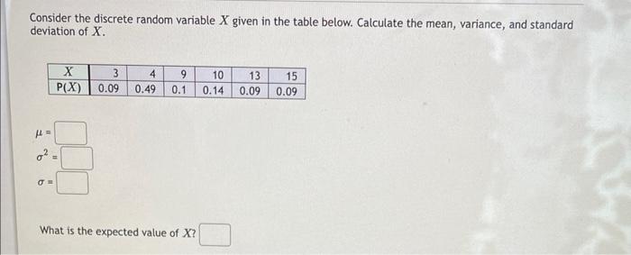Solved Consider the discrete random variable X given in the | Chegg.com