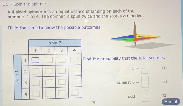 Solved Q1 Spin the spinner A 4 sided spinner has an equal | Chegg.com
