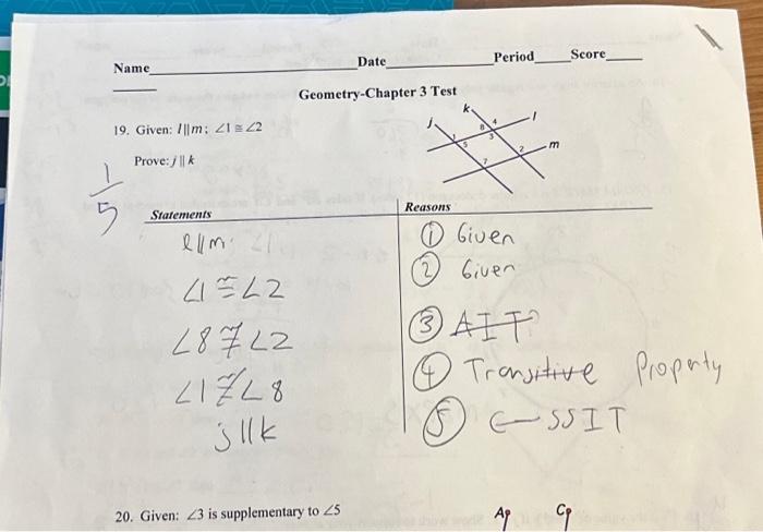 Geometry-Chapter 3 Test 19. Given: I∥m:∠1≅∠2 Prove: | Chegg.com