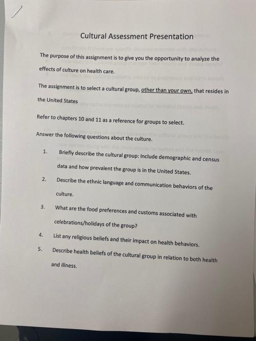 Solved Cultural Assessment Presentation The purpose of this | Chegg.com