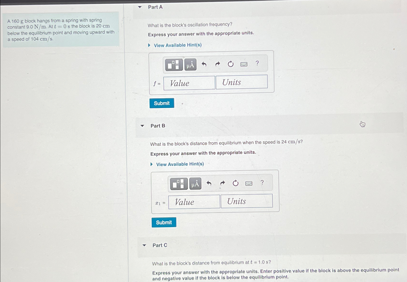 Part AA 160g ﻿block hangs from a spring with spring | Chegg.com
