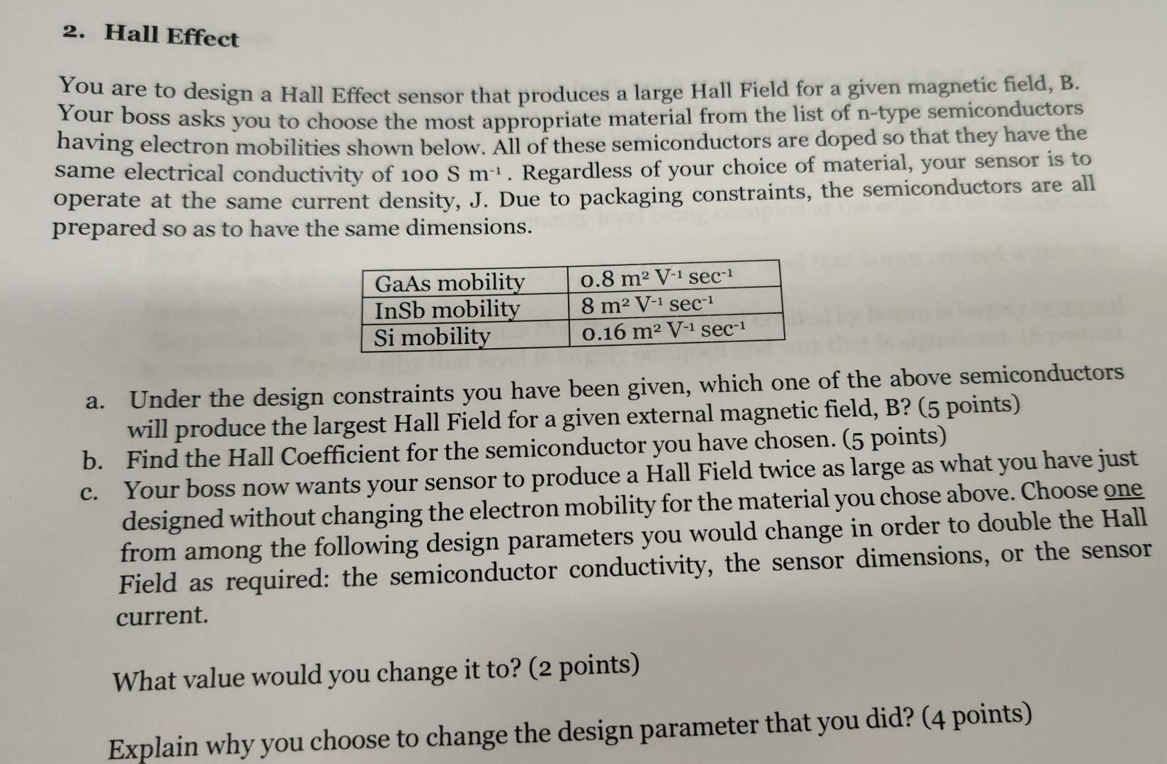 Solved 2. Hall Effect You are to design a Hall Effect sensor | Chegg.com