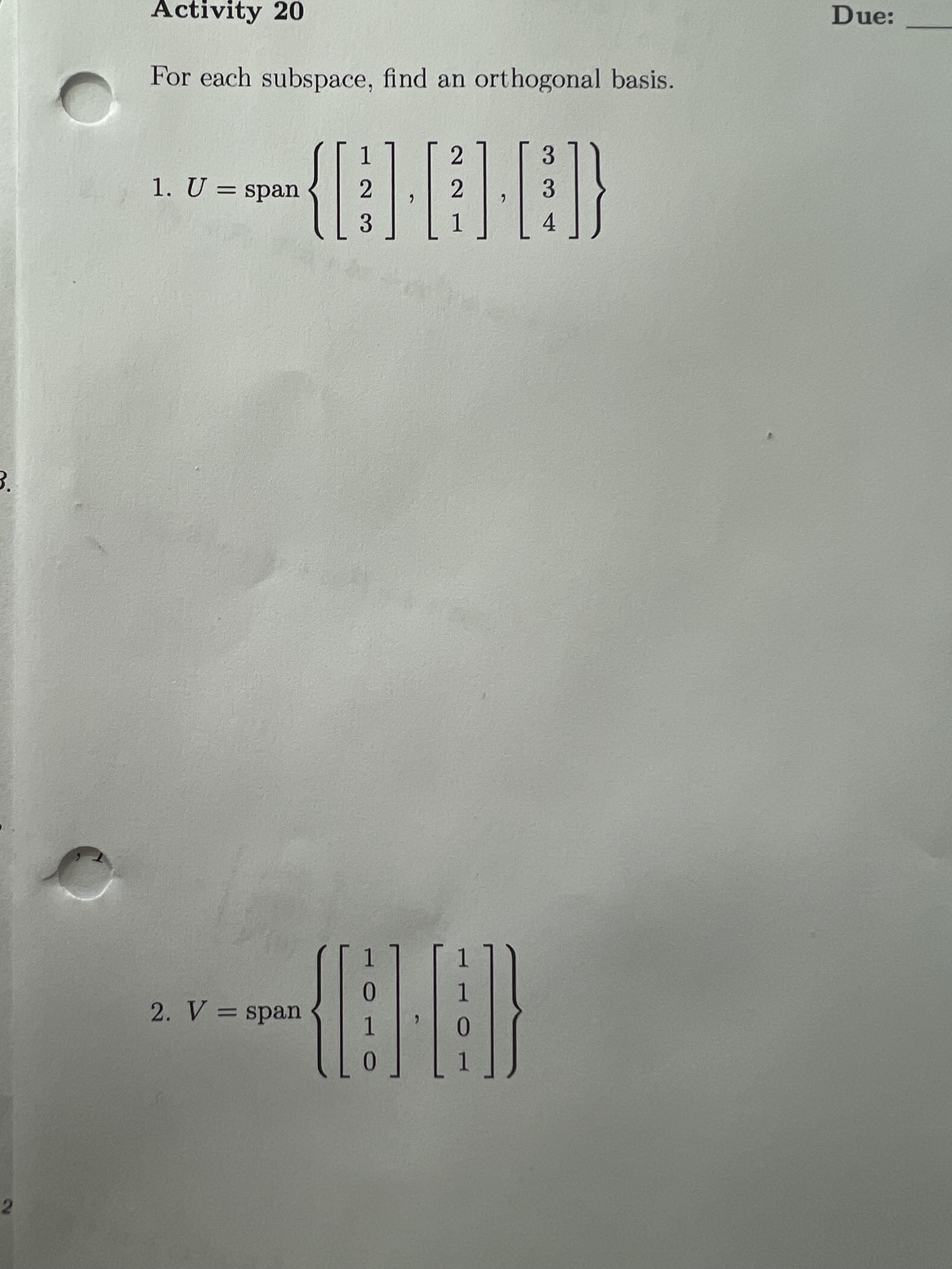Solved Activity 20Due:For each subspace, find an orthogonal | Chegg.com
