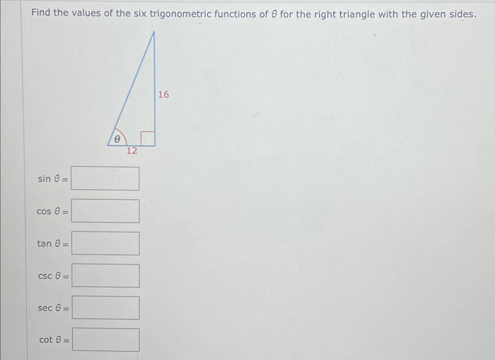 Solved Find the values of the six trigonometric functions of | Chegg.com