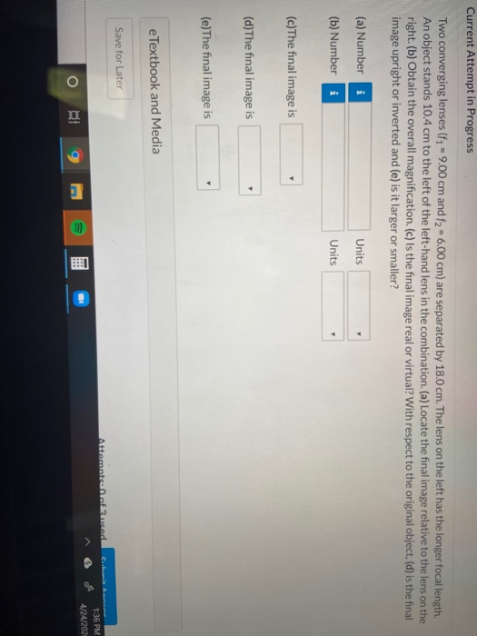 Solved Current Attempt in Progress Two converging lenses (f1 | Chegg.com