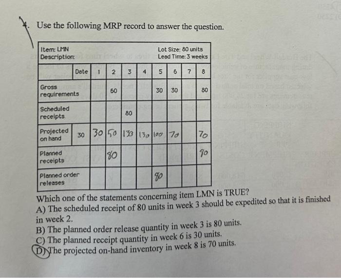 Solved Use the following MRP record to answer the question. | Chegg.com
