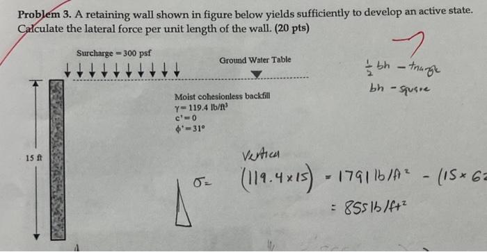 Solved Problem 3. A retaining wall shown in figure below | Chegg.com