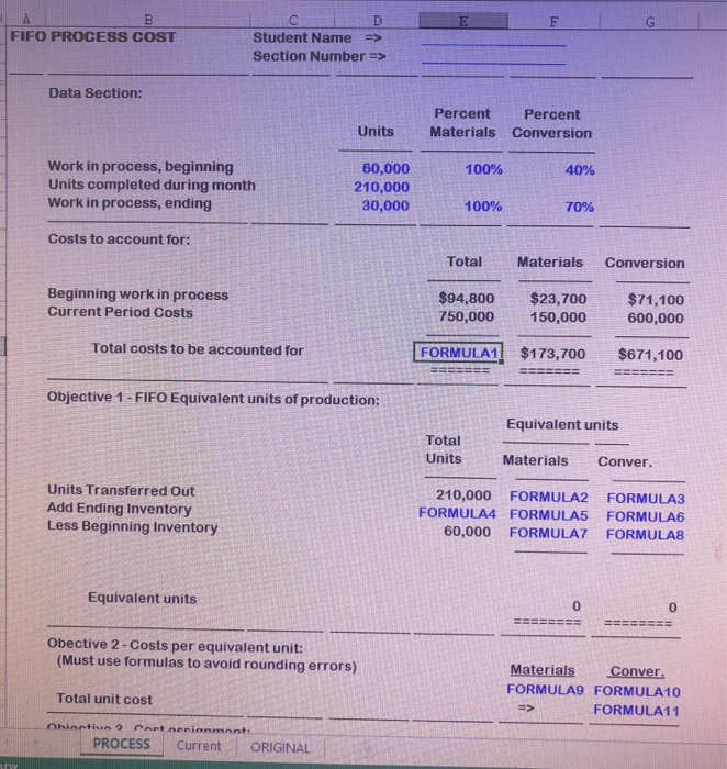 Solved FIFO PROCESS COST Student Name => Section Number => | Chegg.com