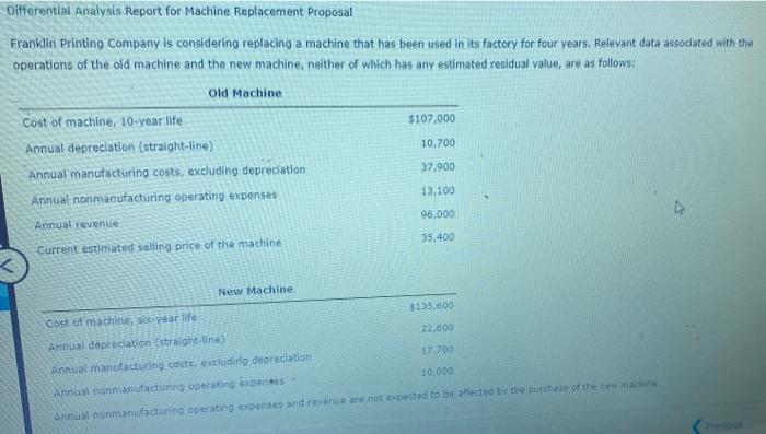 Solved Differential Analysis Report for Machine Replacement | Chegg.com
