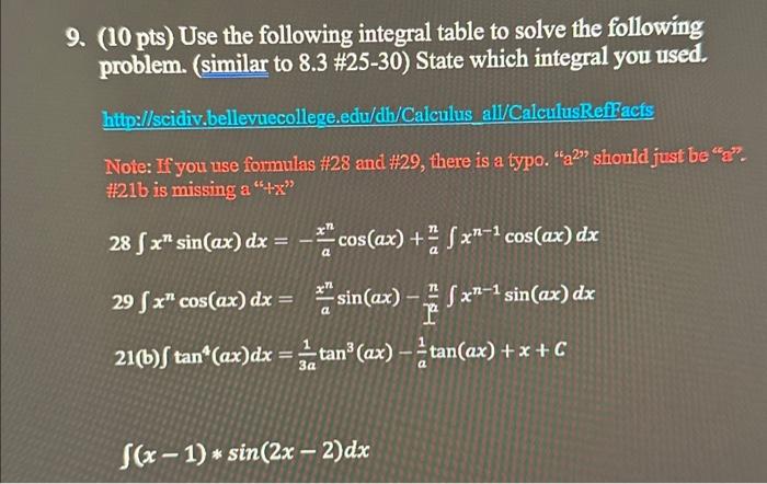 Solved 9. (10pts) Use the following integral table to solve | Chegg.com