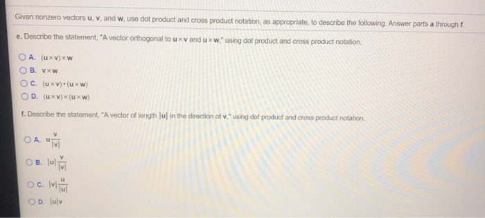 Solved Given nonzero vectors U, V, and w, use dot product | Chegg.com