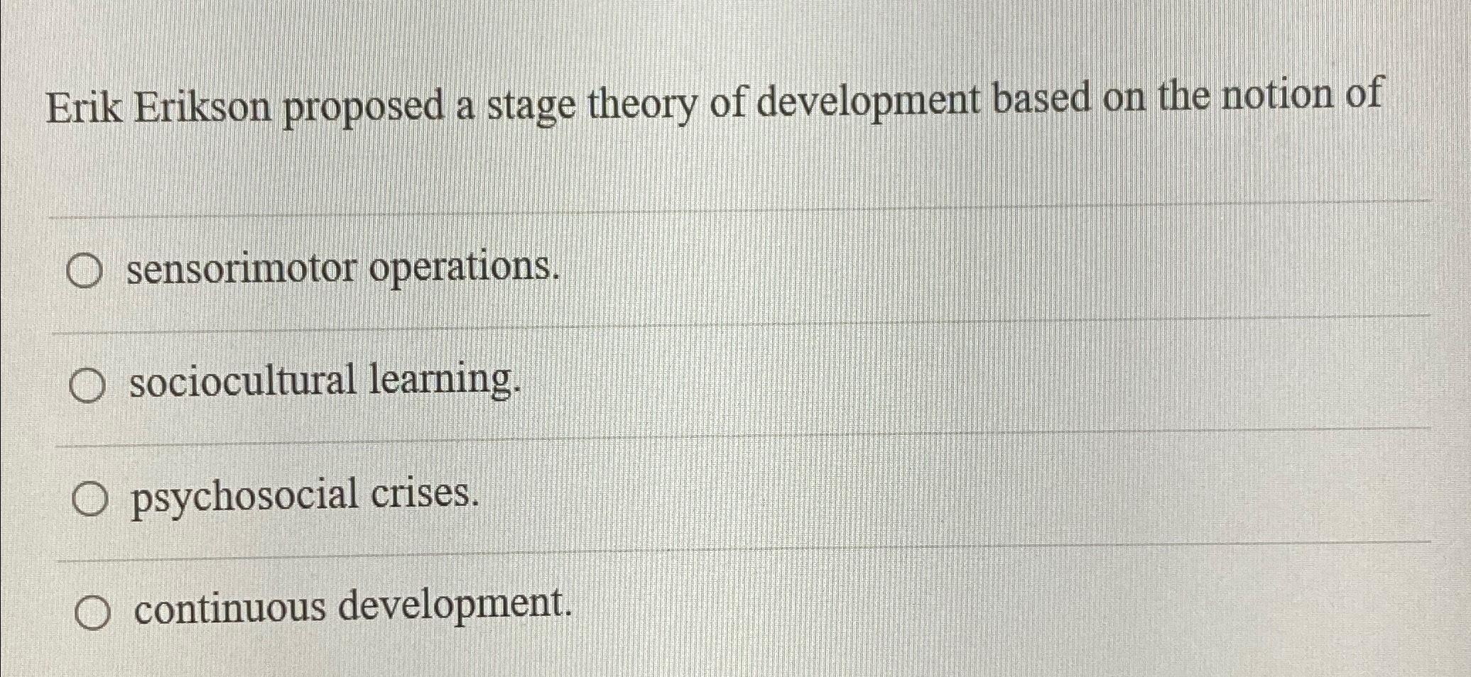 Solved Erik Erikson proposed a stage theory of development | Chegg.com