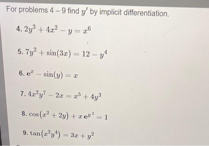Solved For problems 4−9 find y′ by implicit differentiation. | Chegg.com