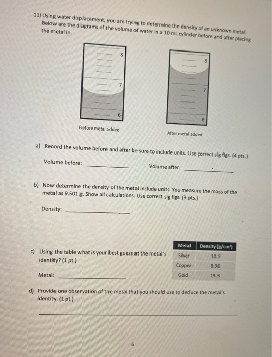 Solved 11) Using water displacement, you are trying to | Chegg.com