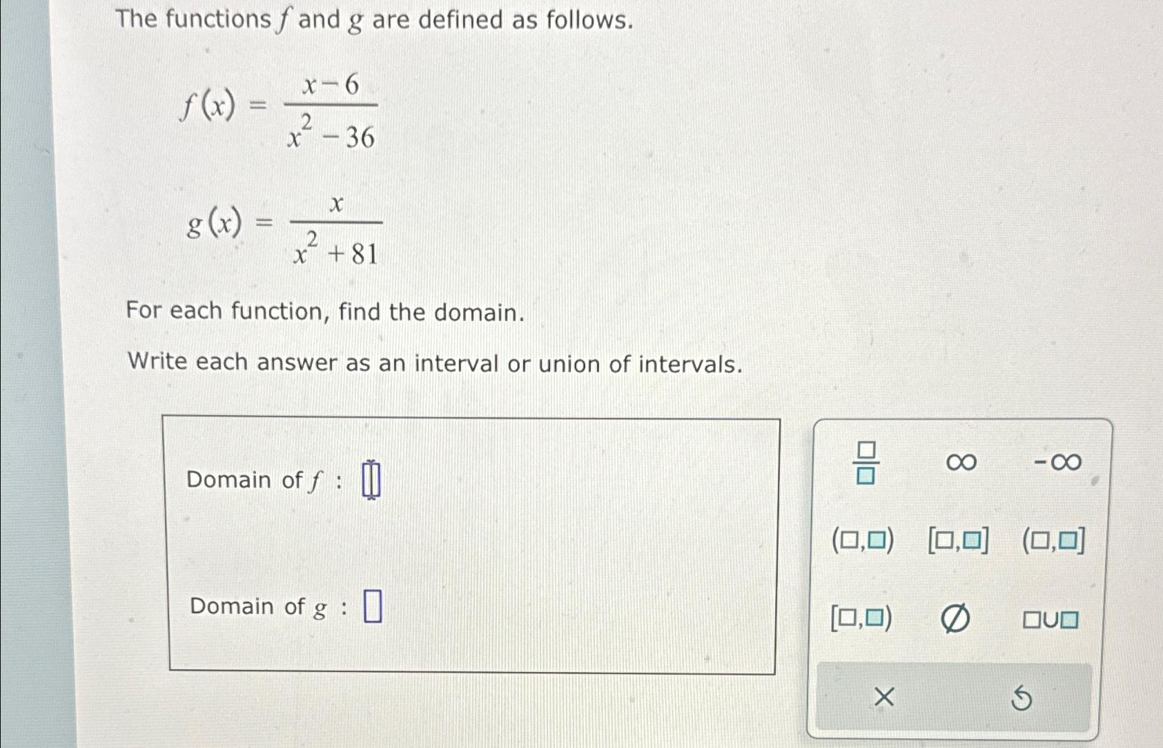 Solved The functions f ﻿and g ﻿are defined as | Chegg.com