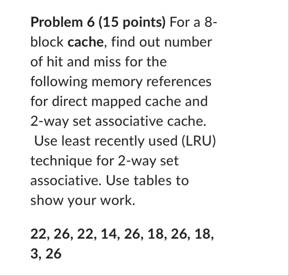 Solved Problem 6 (15 ﻿points) ﻿For a 8block cache, find out | Chegg.com