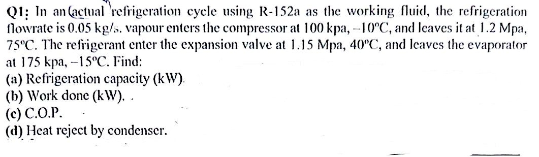 [Solved]: Q1: In an (actual refrigeration cycle using R-152a