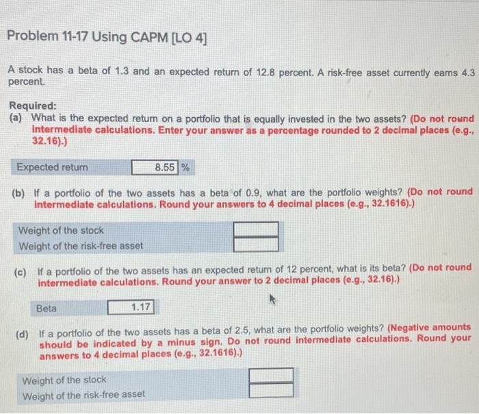 Solved Problem 11-17 Using CAPM [LO 4] A stock has a beta of | Chegg.com