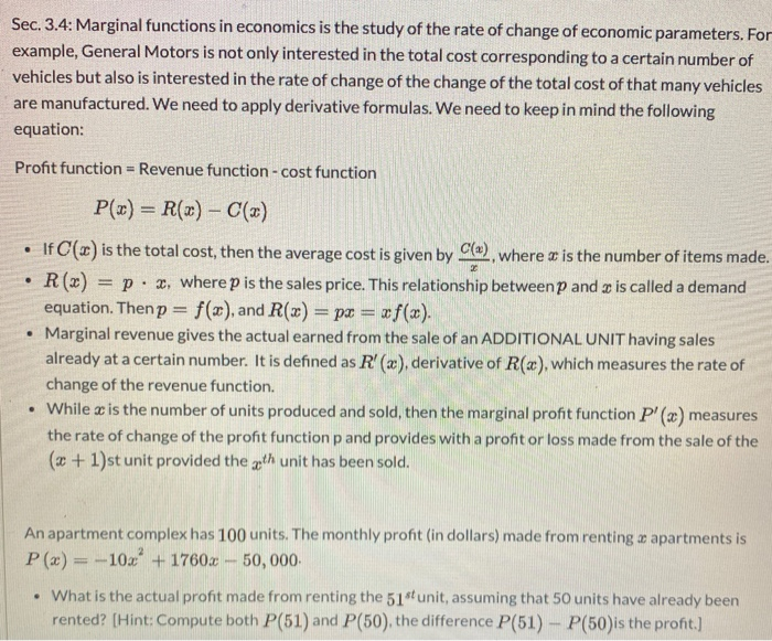 Solved Sec. 3.4: Marginal functions in economics is the | Chegg.com