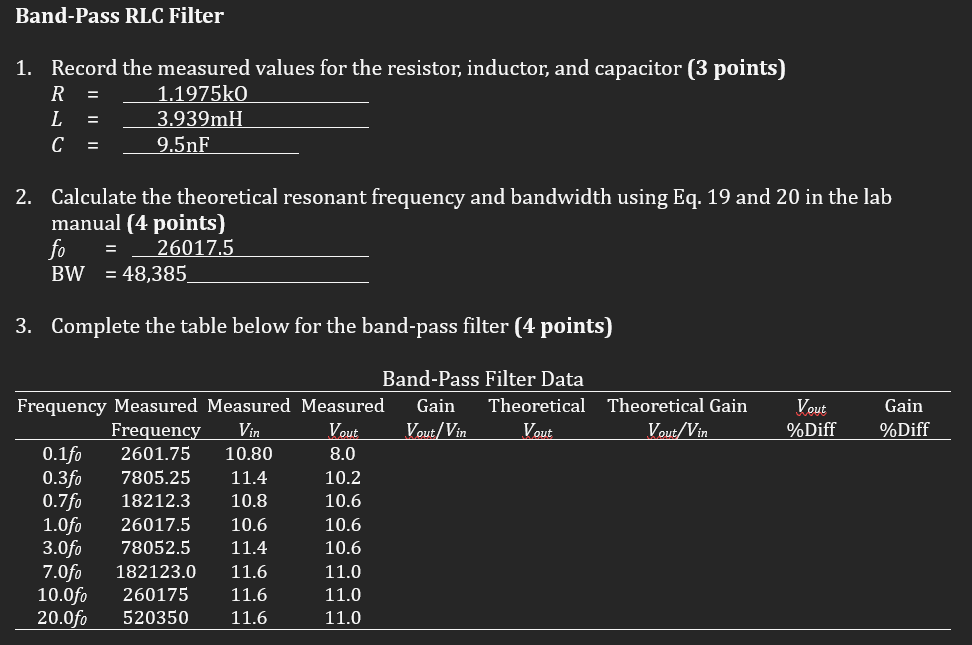 Band-Pass RLC ﻿FilterRecord the measured values for | Chegg.com