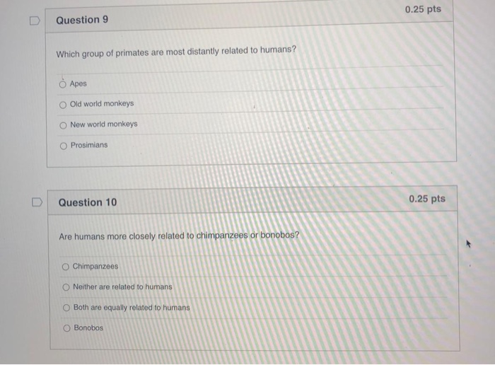 Solved 0.25 pts Question 9 Which group of primates are most | Chegg.com