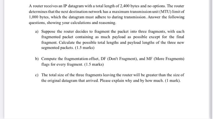Solved A router receives an IP datagram with a total length | Chegg.com