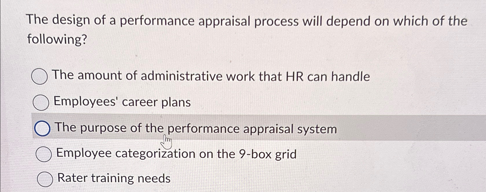 Solved The design of a performance appraisal process will | Chegg.com