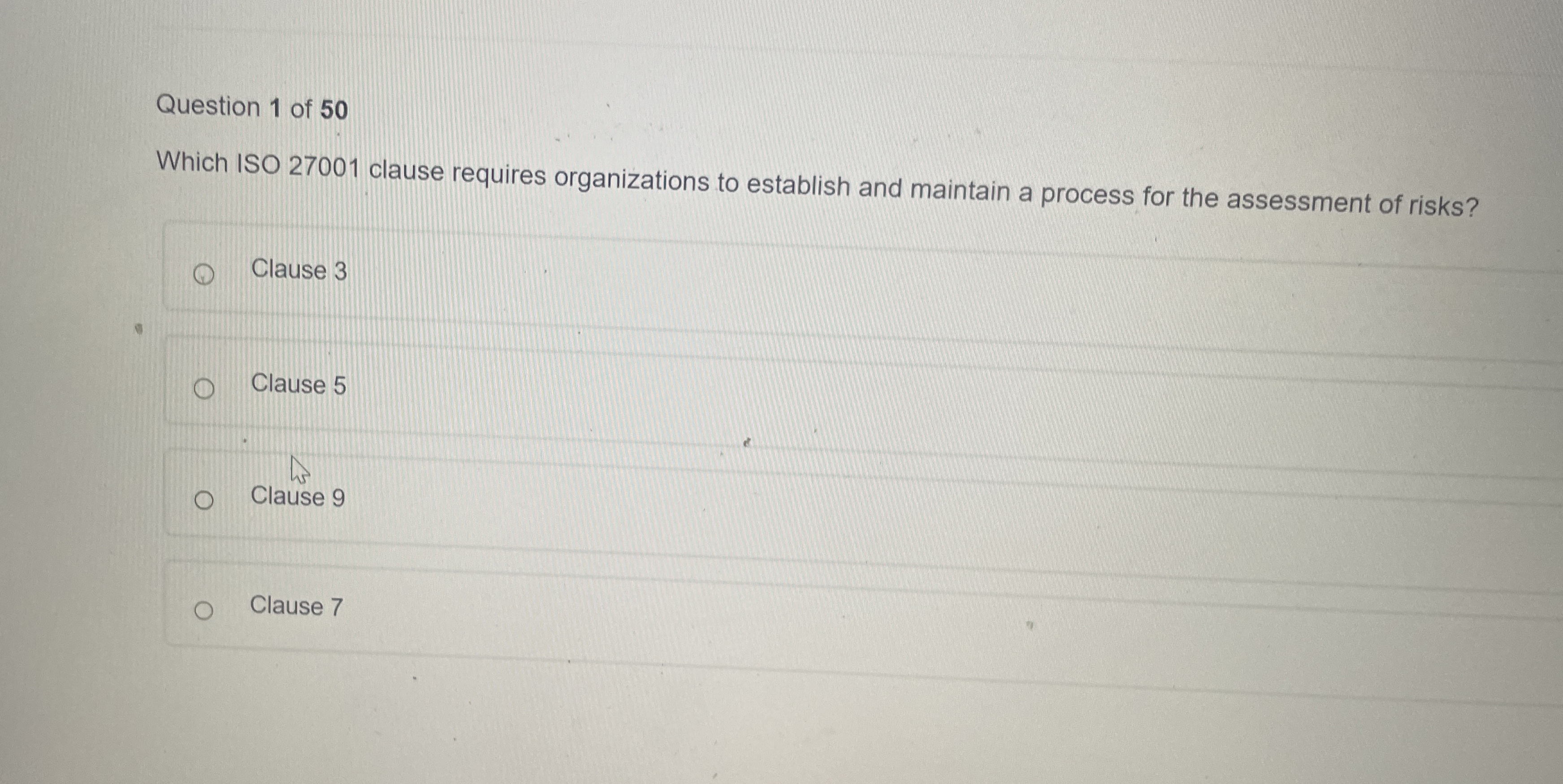 Solved Question 1 of 50Which ISO 27001 clause requires | Chegg.com Solved Question 1 of 50Which ISO 27001 clause requires | Chegg.com