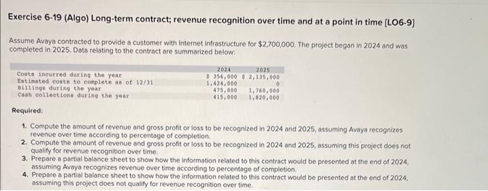 Solved Exercise 6-19 (Algo) Long-term contract; revenue | Chegg.com