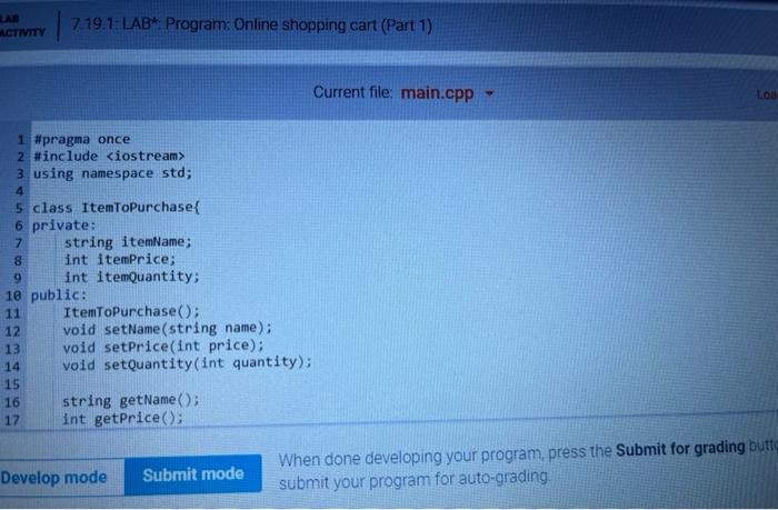 Solved 7.19 LAB*: Program: Online shopping cart (Part 1) (1) | Chegg.com