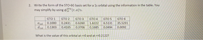Solved 2. Write the form of the STO-6G basis set for a 1s | Chegg.com
