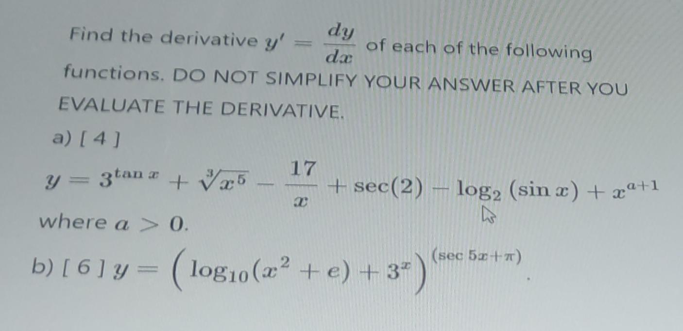Solved Find the derivative y′=dxdy of each of the following | Chegg.com