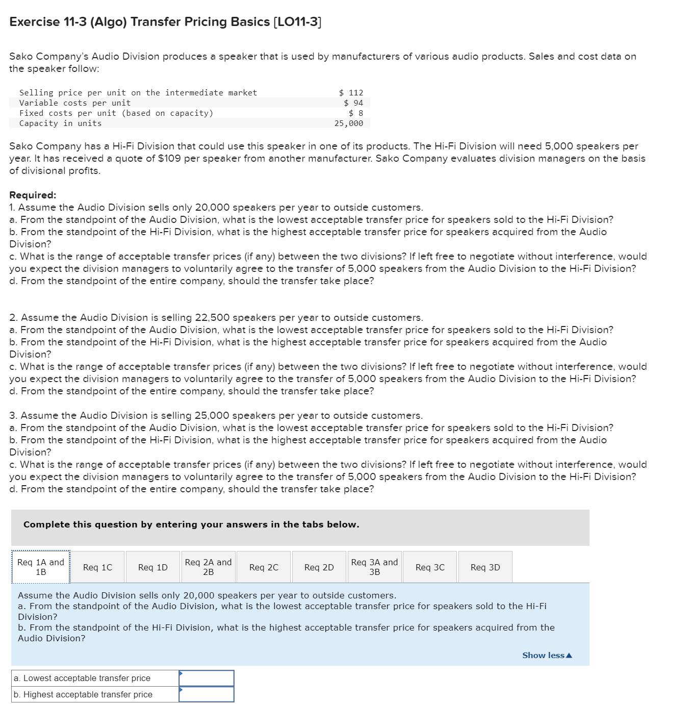 Solved Exercise 11-3 (Algo) ﻿Transfer Pricing Basics | Chegg.com