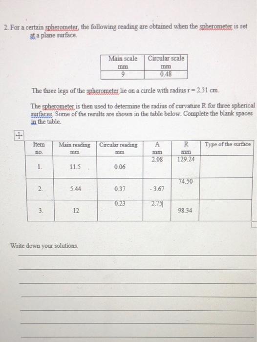 Solved 2. For a certain spherometer, the following reading | Chegg.com