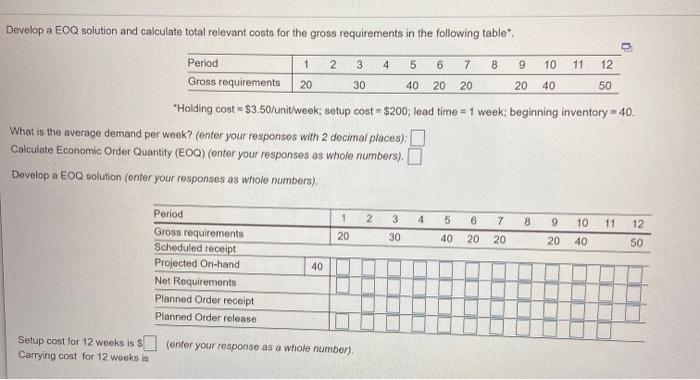 Solved Develop a EOQ solution and calculate total relevant | Chegg.com