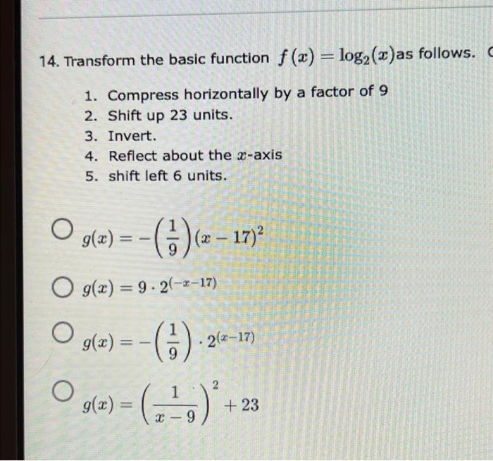Solved Transform the basic function f(x) = log2 (x) as | Chegg.com