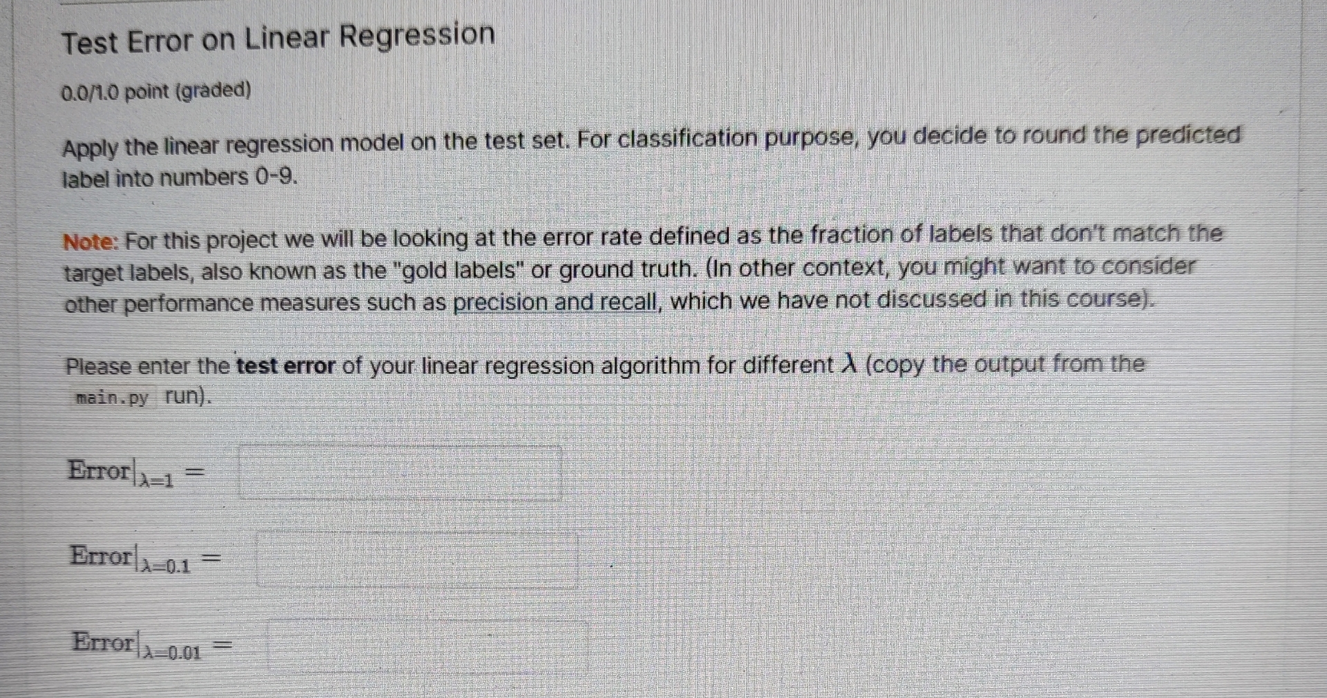 Solved Test Error on Linear Regression0.0/1.0 ﻿point | Chegg.com