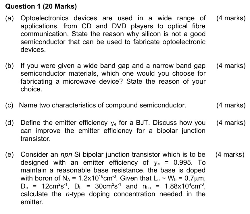 Solved Question 1 (20 ﻿Marks)(a) ﻿Optoelectronics devices | Chegg.com