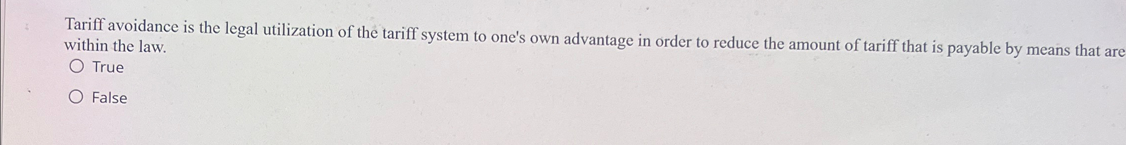 Solved Tariff avoidance is the legal utilization of the | Chegg.com