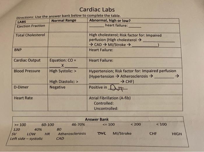 Solved Cardiac Labs Directions: Use the answer bank below to | Chegg.com