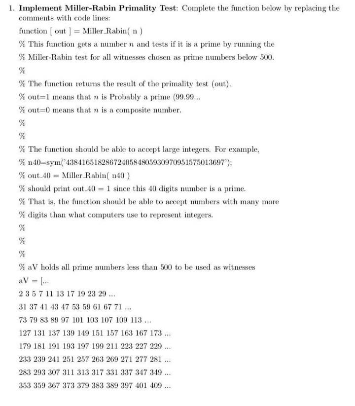 1. Implement Miller-Rabin Primality Test: Complete | Chegg.com