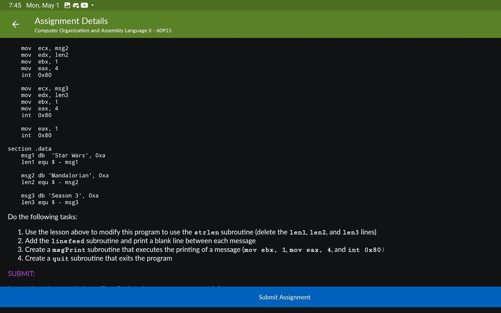 Assignment Details Computer Organization and Assembly | Chegg.com