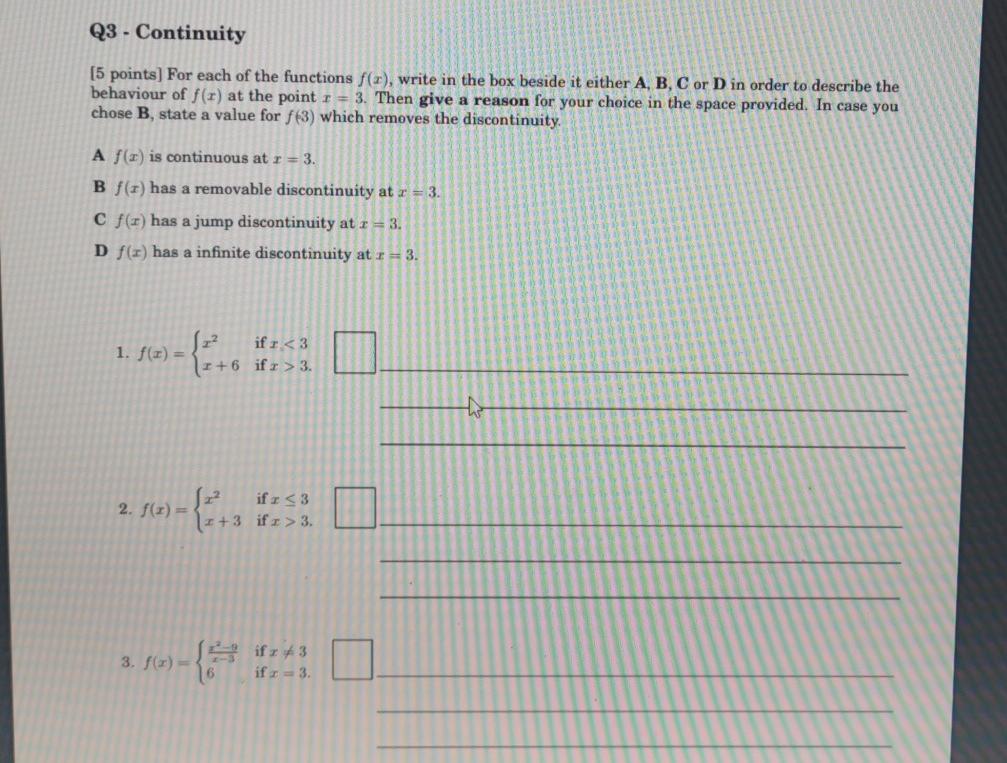 Solved Q3 - Continuity [5 points] For each of the functions | Chegg.com