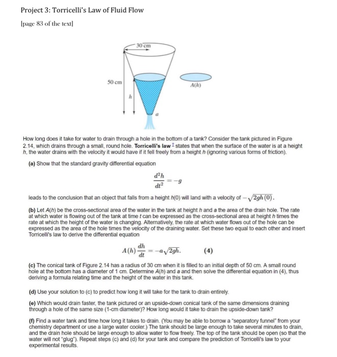 Solved Project 3: Torricelli's Law of Fluid Flow Ipage 83 of | Chegg.com