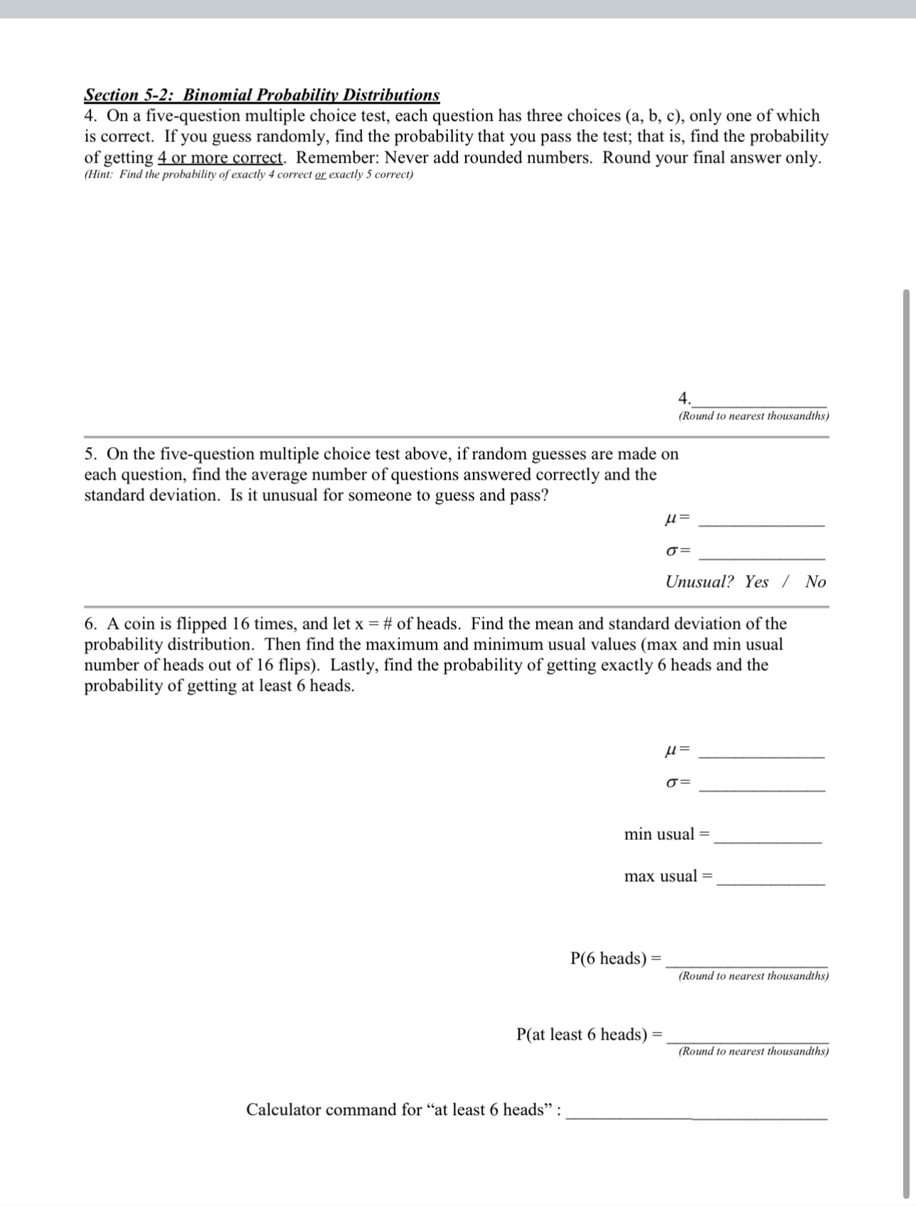 Solved Section 5-2: Binomial Probability DistributionsOn a | Chegg.com