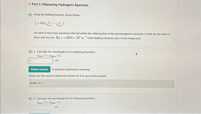 Solved Part 1: Measuring Hydrogen's Spectrum Using the | Chegg.com