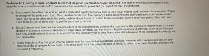 Problem 4-17: Using internal controls to restrict | Chegg.com