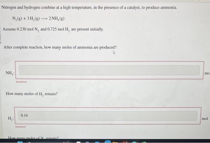 Solved Nitrogen and hydrogen combine at a high temperature, | Chegg.com
