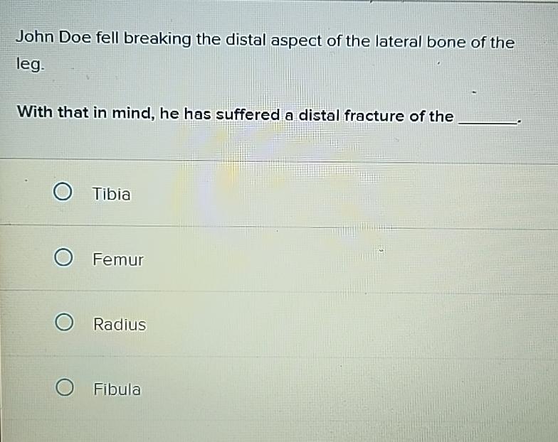 Solved John Doe fell breaking the distal aspect of the | Chegg.com